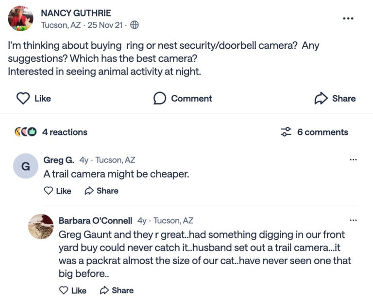 Nancy Guthrie once asked about 'best' outdoor cameras for 'activity at ...