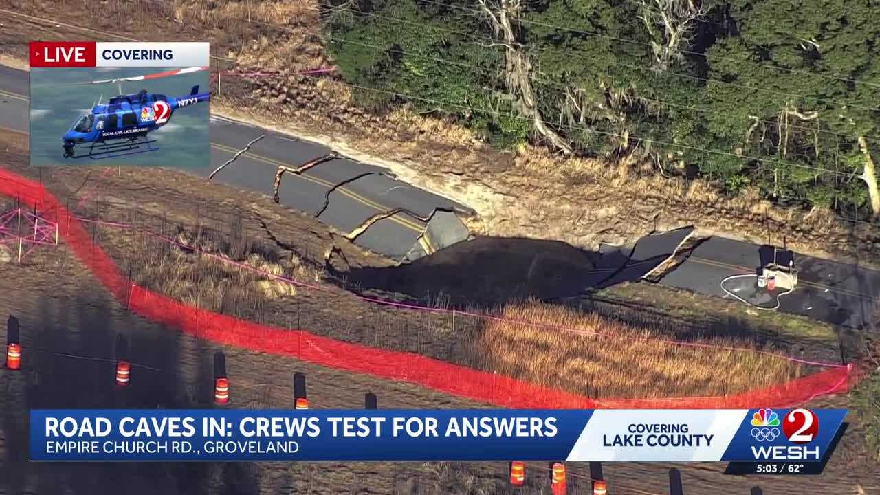Road collapses into 50-foot hole in Lake County
