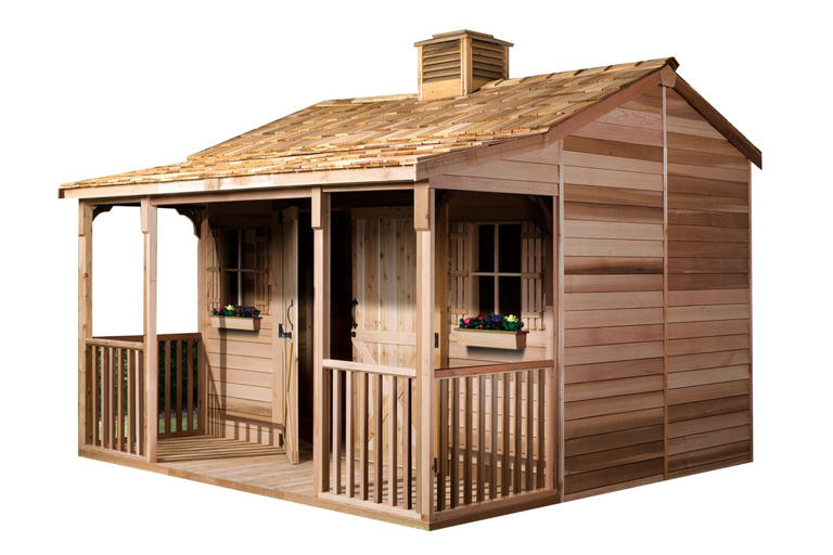 This charming cabin-style tiny house has a full front porch, flower ...