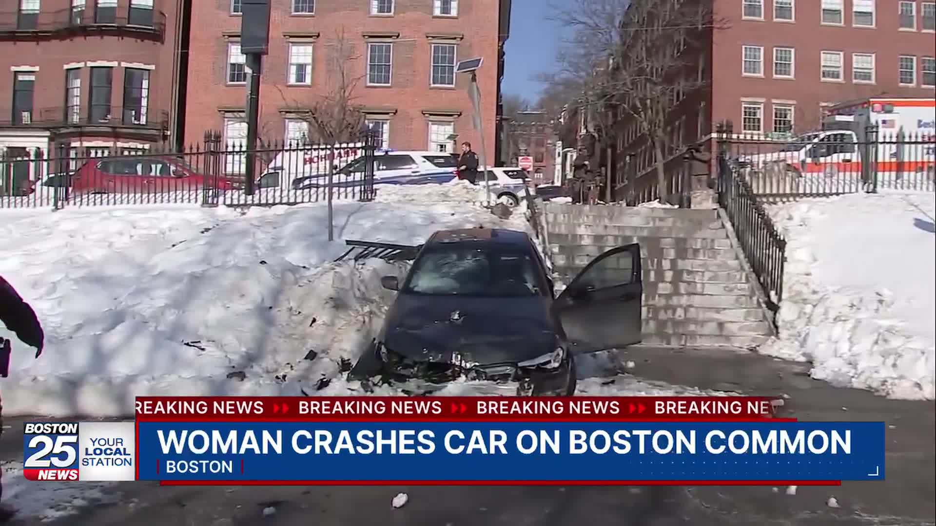 Woman hospitalized after driving off street, crashing car down stairs ...