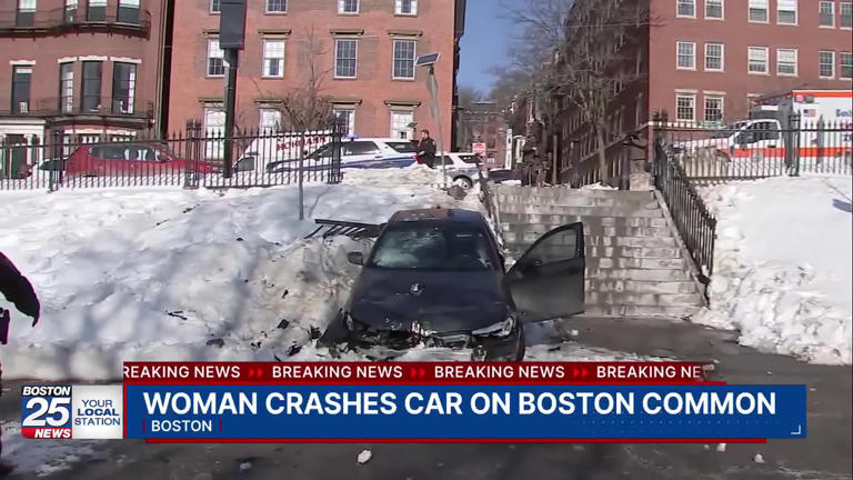 Woman hospitalized after driving off street, crashing car down stairs ...