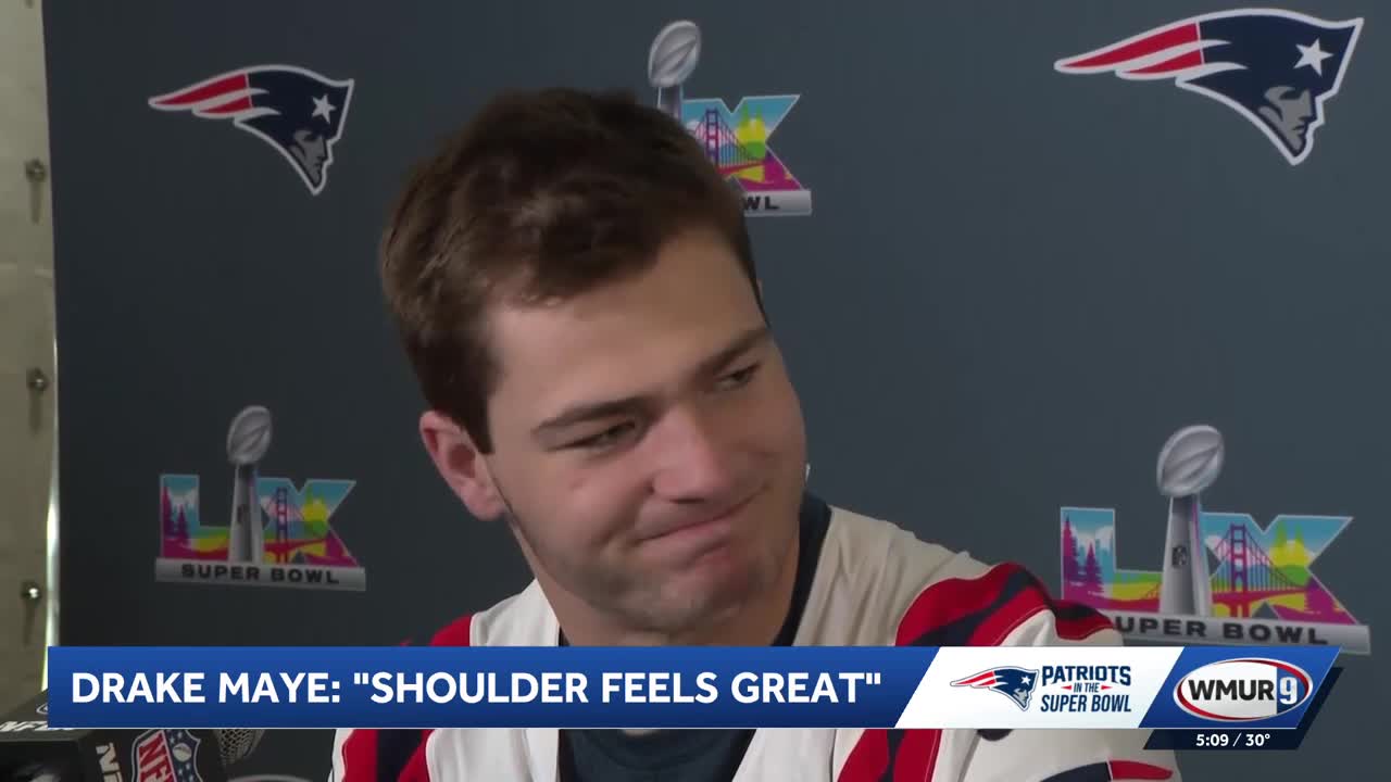 Drake Maye answers questions about his shoulder as he gets ready for ...