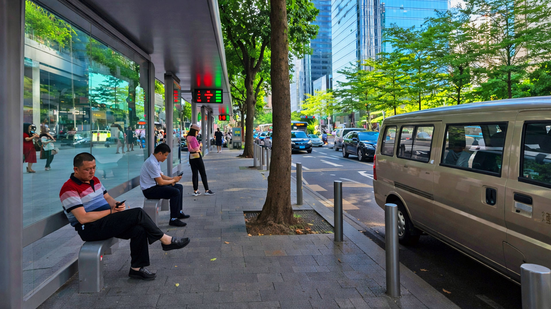 Esperando en una parada de autobús en China