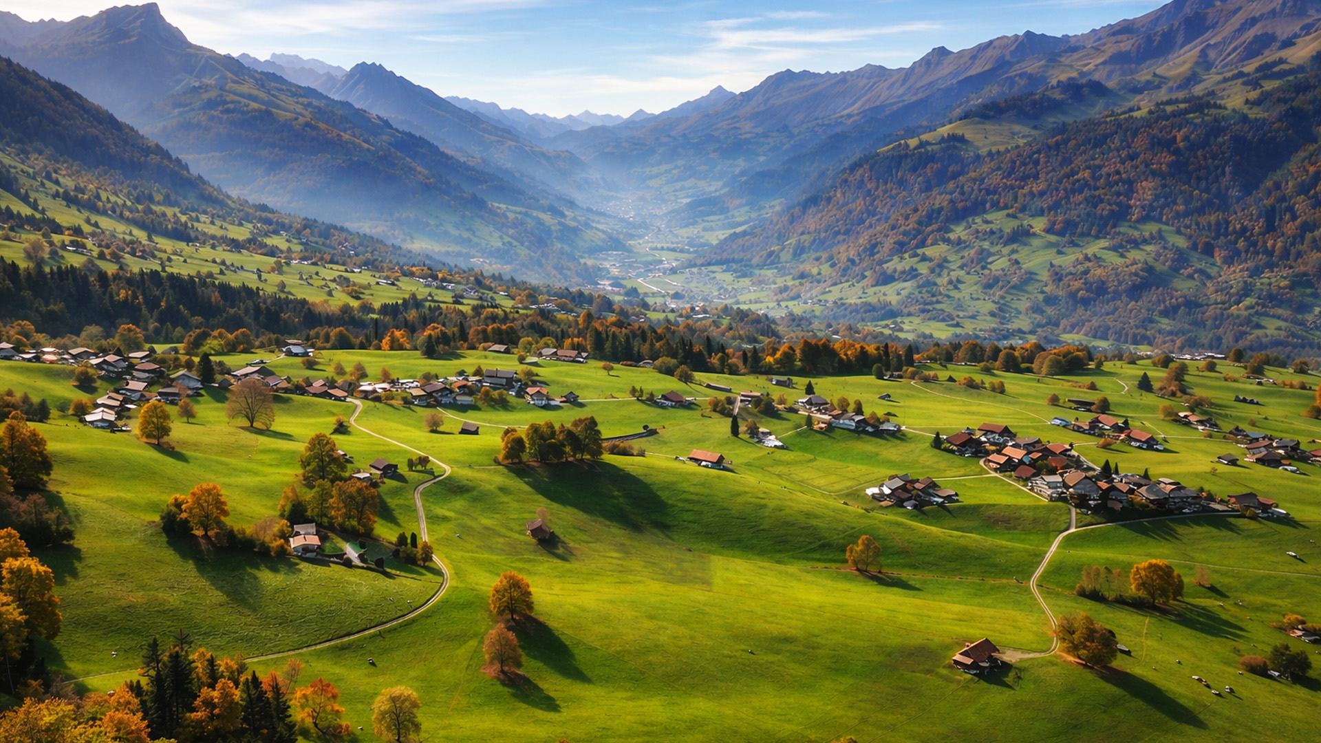 Peaceful villages among Swiss mountains