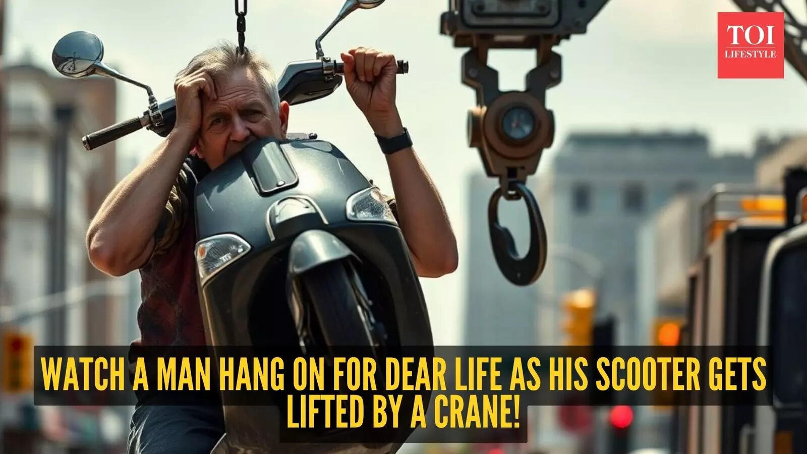 Caught on camera: Man clings to his scooter mid-air while towing crane ...