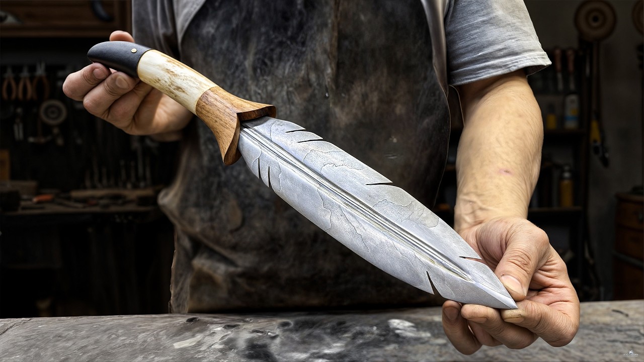 Damascus steel feather knife with a beautiful wooden handle
