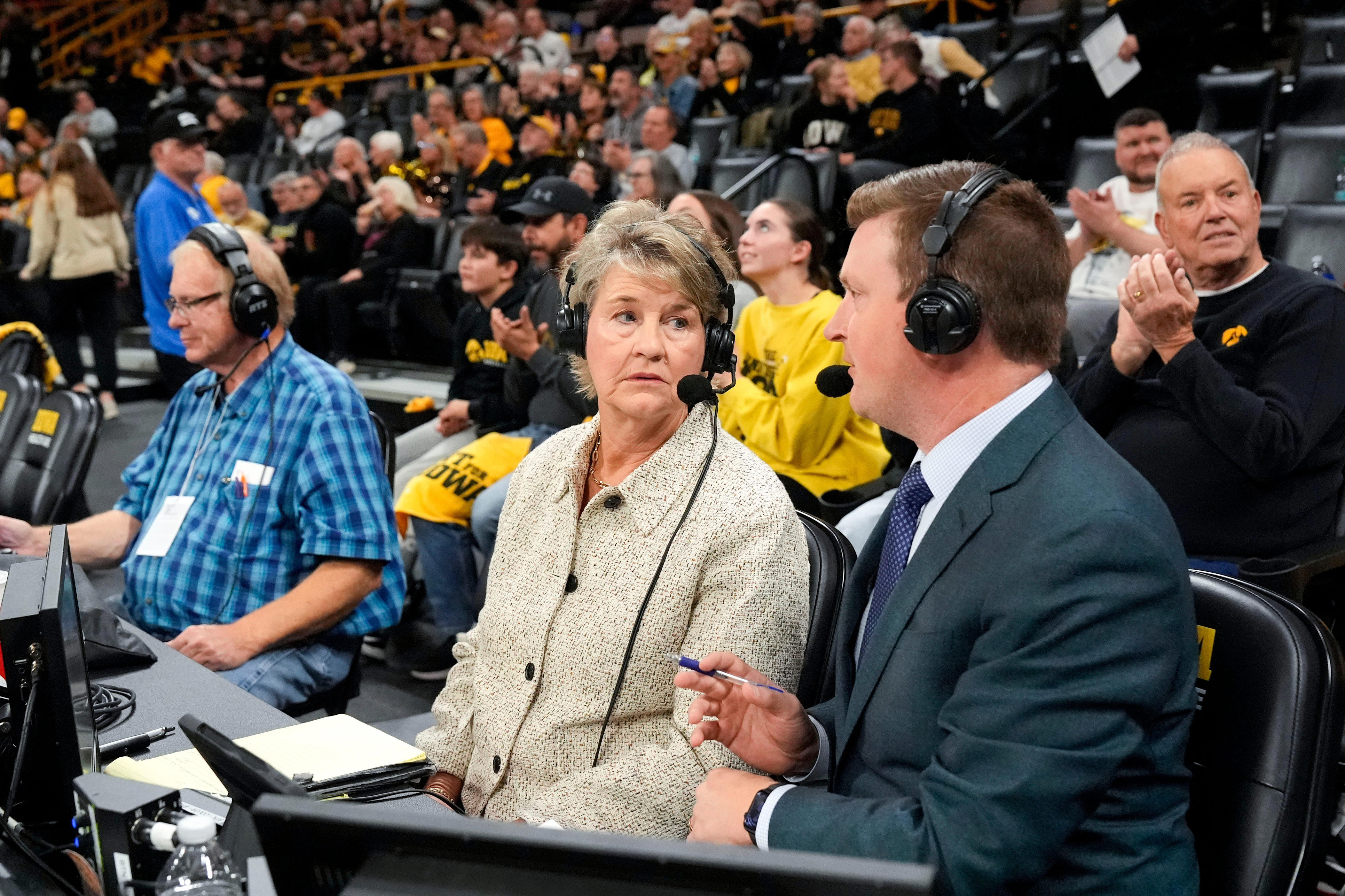 Lisa Bluder on TV broadcast for Iowa women's basketball vs. Minnesota