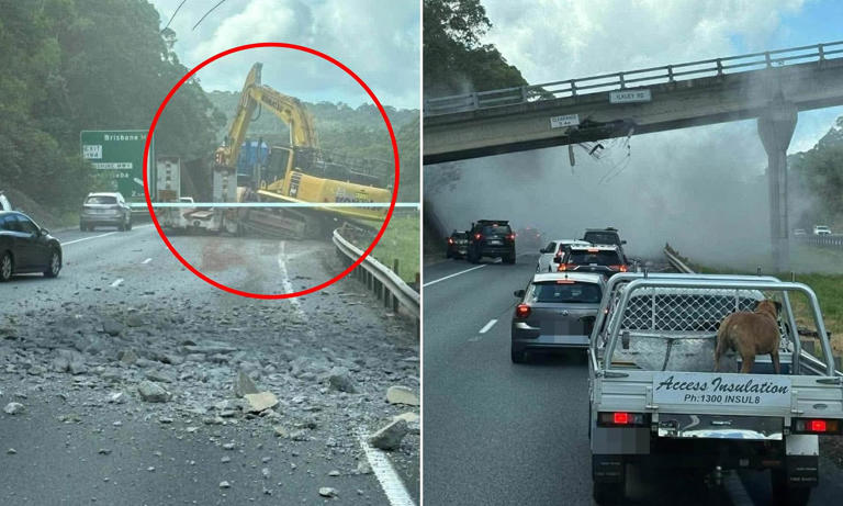 Bruce Highway closed after truck carrying excavator strikes overpass