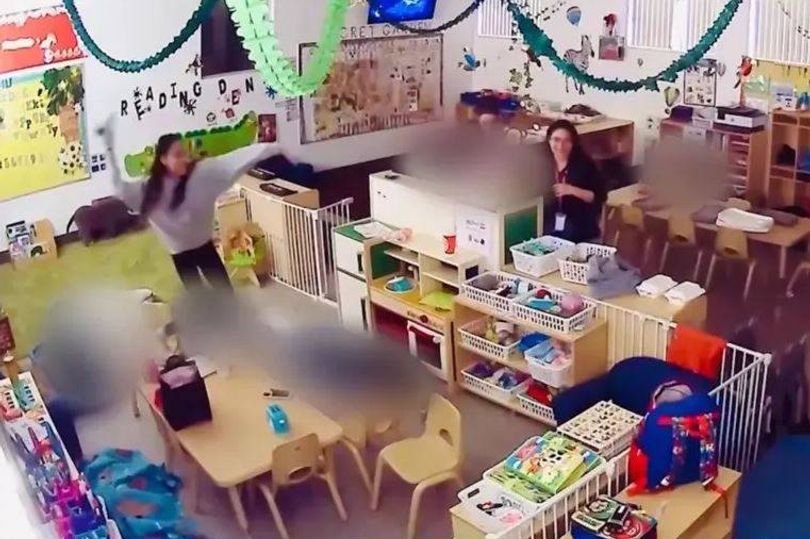 Shocking CCTV shows nursery worker throwing object at child as staff laugh