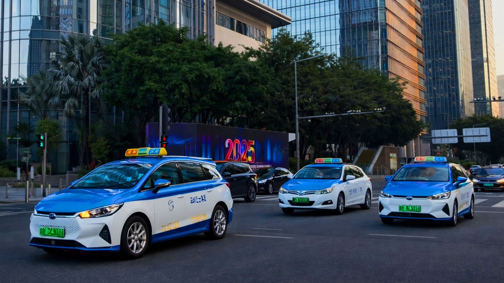 Downtown Roads With Blue Taxis China