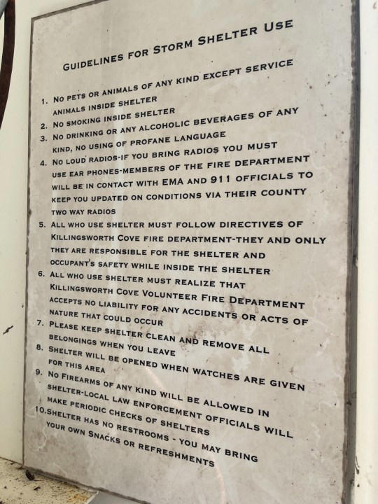 Killingsworth Cove community storm shelter rules as of February 2026