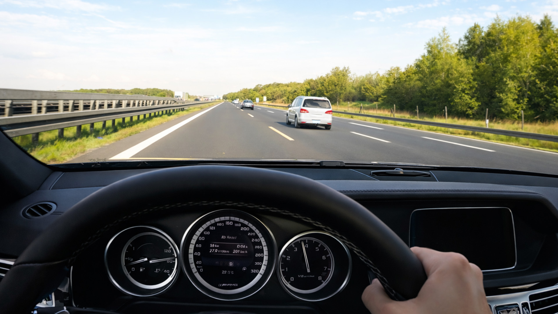High speed autobahn drive in a Mercedes E63 AMG