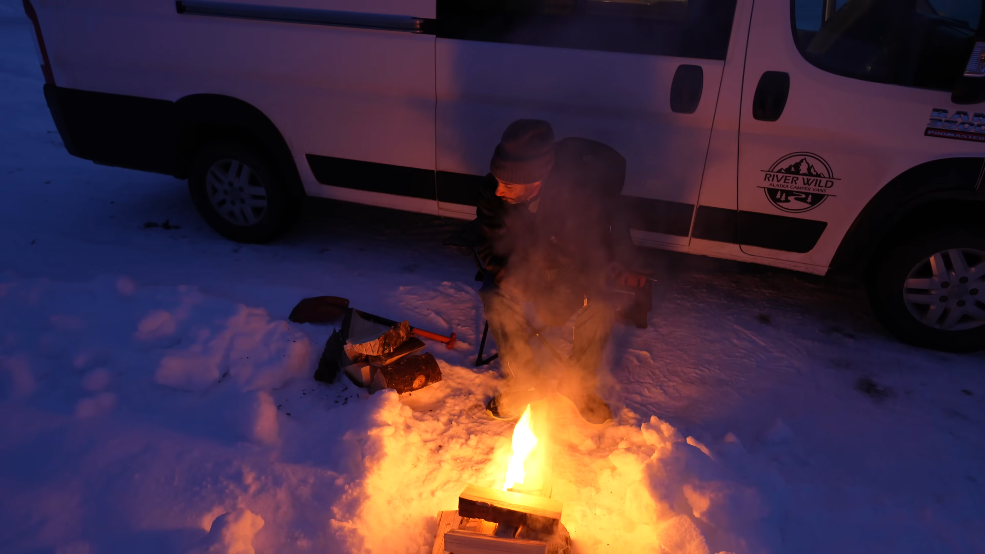 Building a winter fire pit at my Alaskan campsite in -4°C
