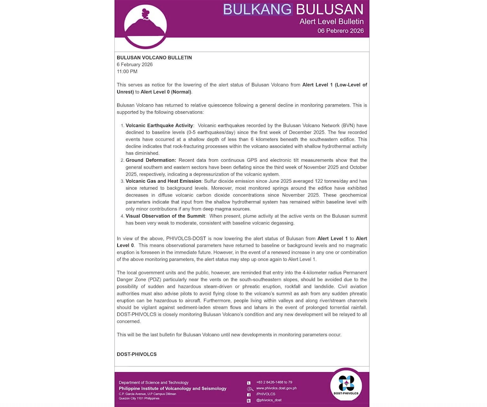 Phivolcs: Bulusan Volcano alert level lowered from 1 to 0