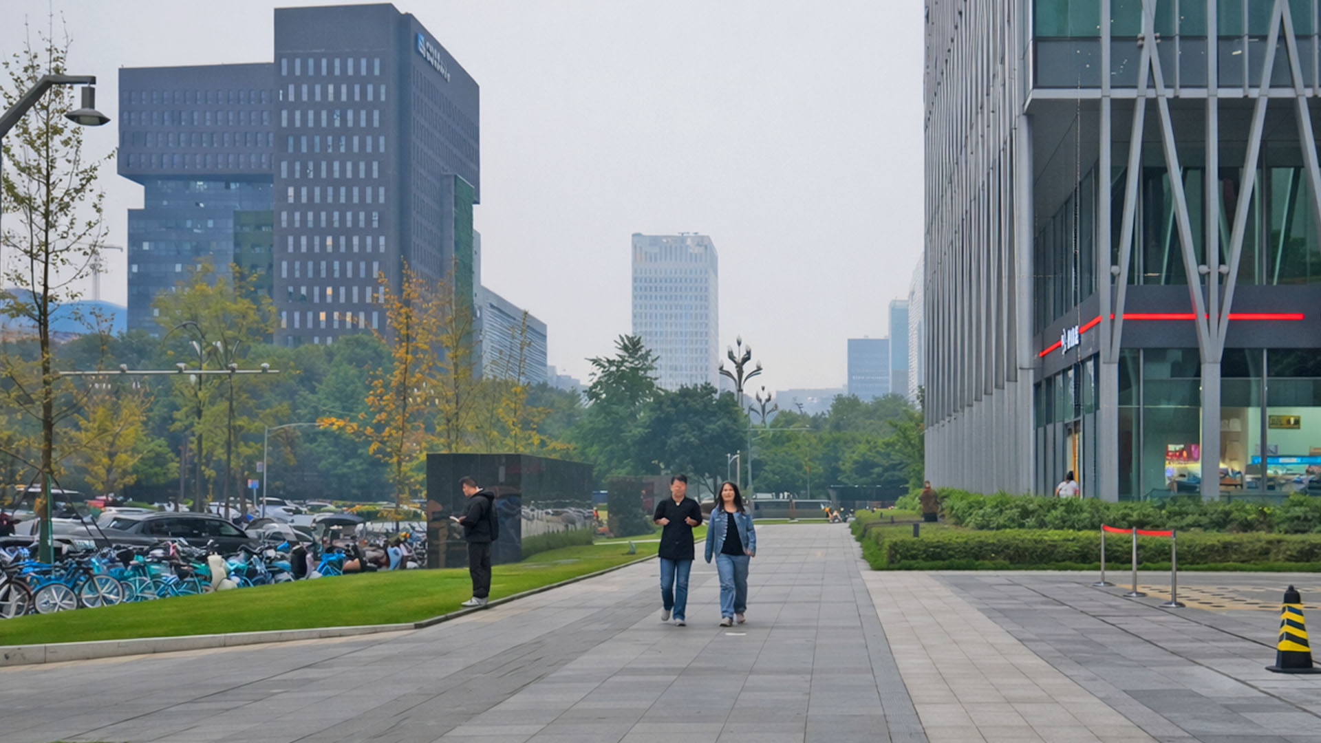 Modern walkway in Chinese business district