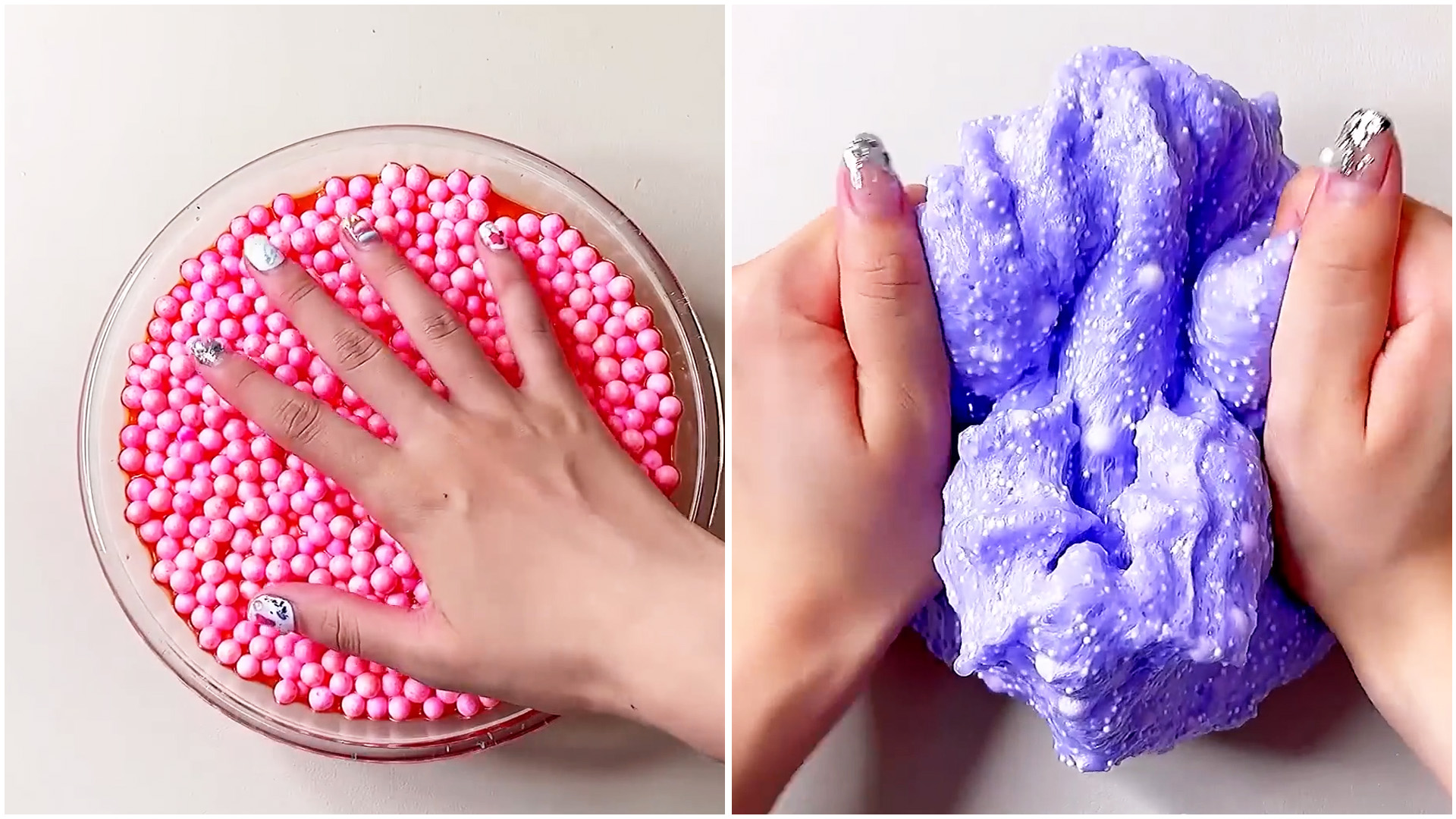 Slime rose croquant et slime perlé violet ASMR