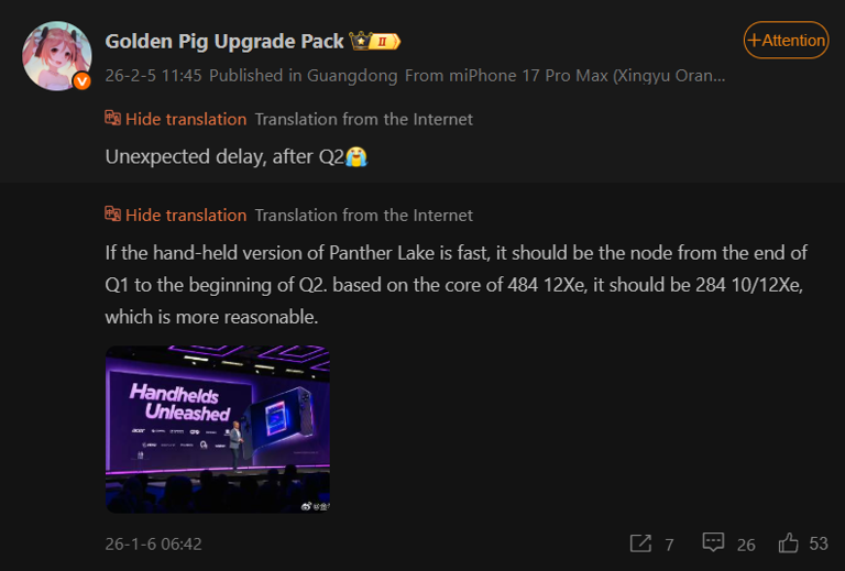 Intel Panther Lake handheld chips reportedly delayed until Q2 2026 ...