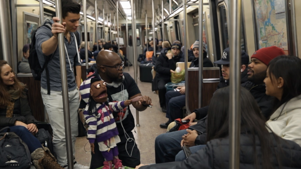 A subway prank using a puppet to pick up girls