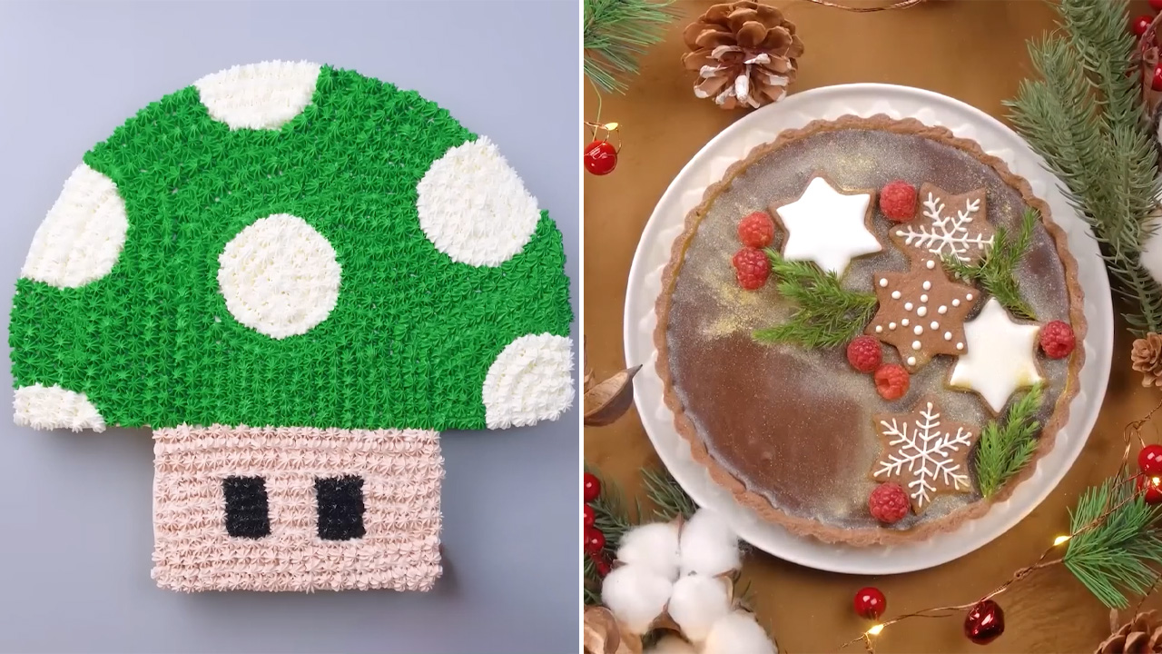 Whimsical mushroom cake and festive holiday tart