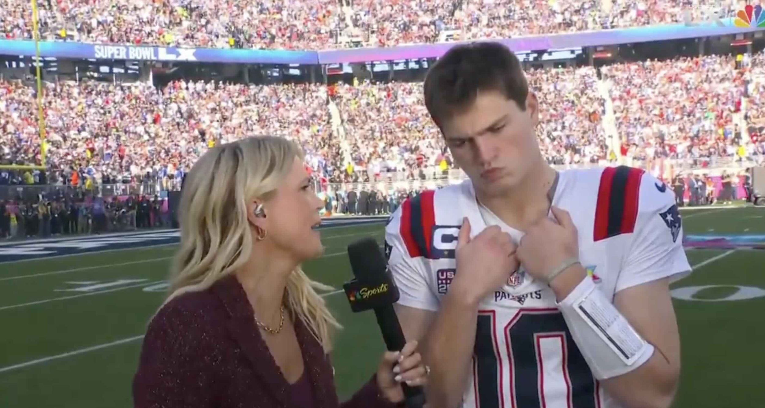 Drake Maye has awkward Super Bowl interview