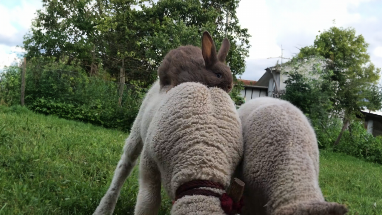 Bunny and lamb meet for the first time