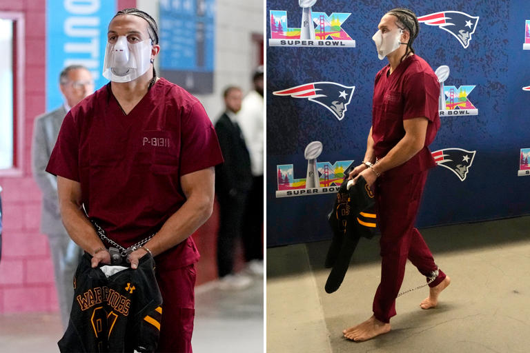 Patriots’ Mack Hollins arrives at Super Bowl 2026 in prison jumpsuit ...