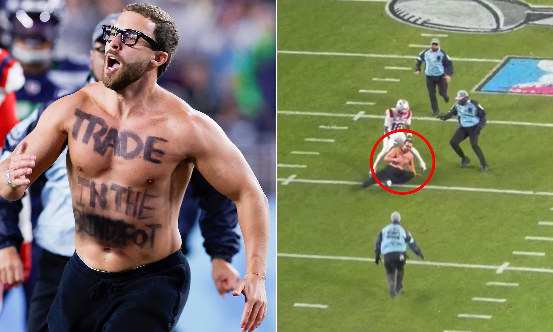 Wild moment ripped Super Bowl streaker is tackled by a Patriots player ...