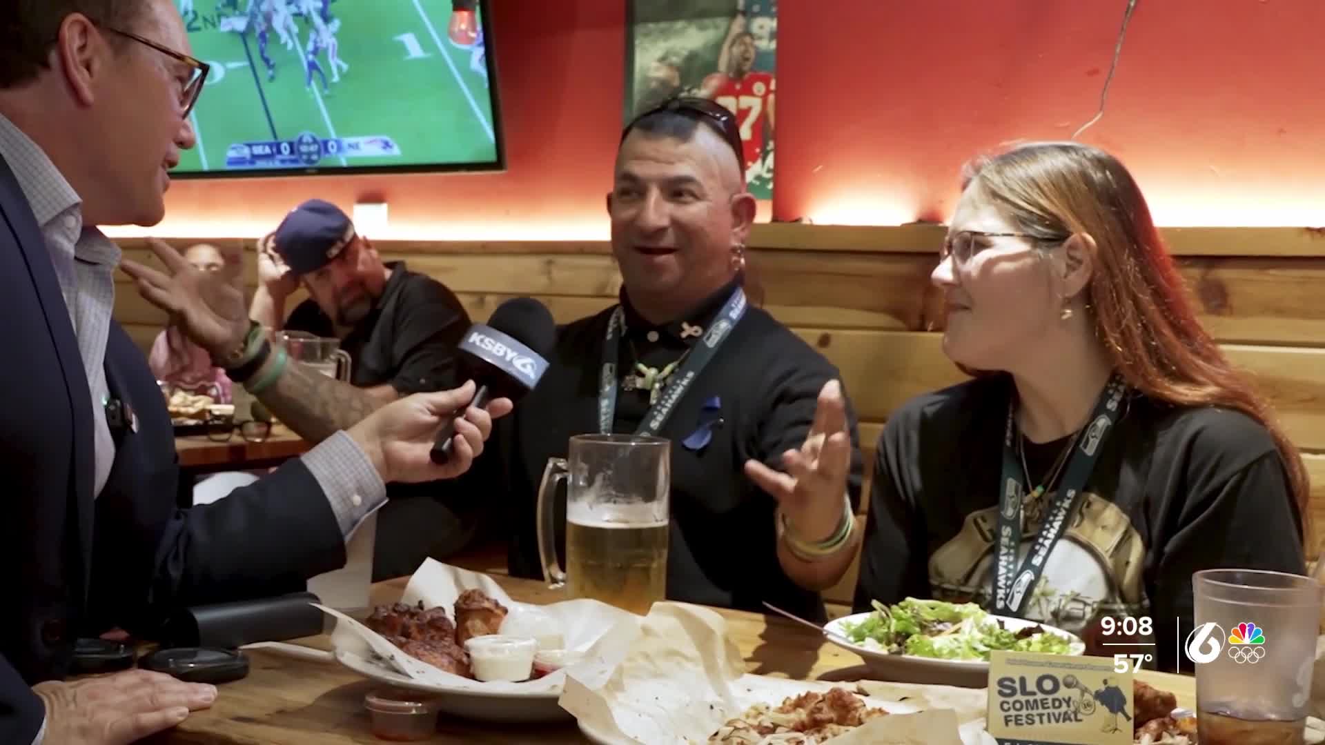 KSBY's Richard Gearhart and Jim Castillo talk to Super Bowl fans