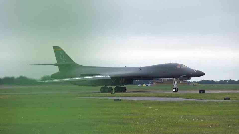 This rear view shows the B-1B Lancer at full afterburner
