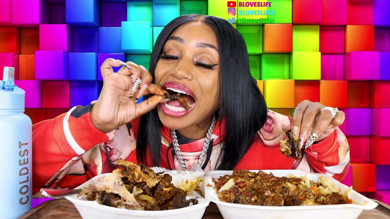 Jerk chicken, cabbage, rice, and peas mukbang