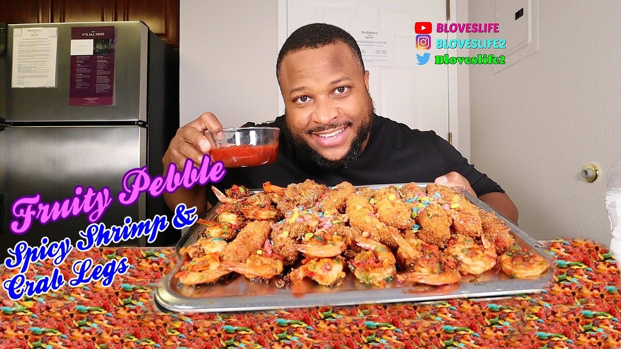 Fried Fruity Pebble spicy shrimp and crab legs feast