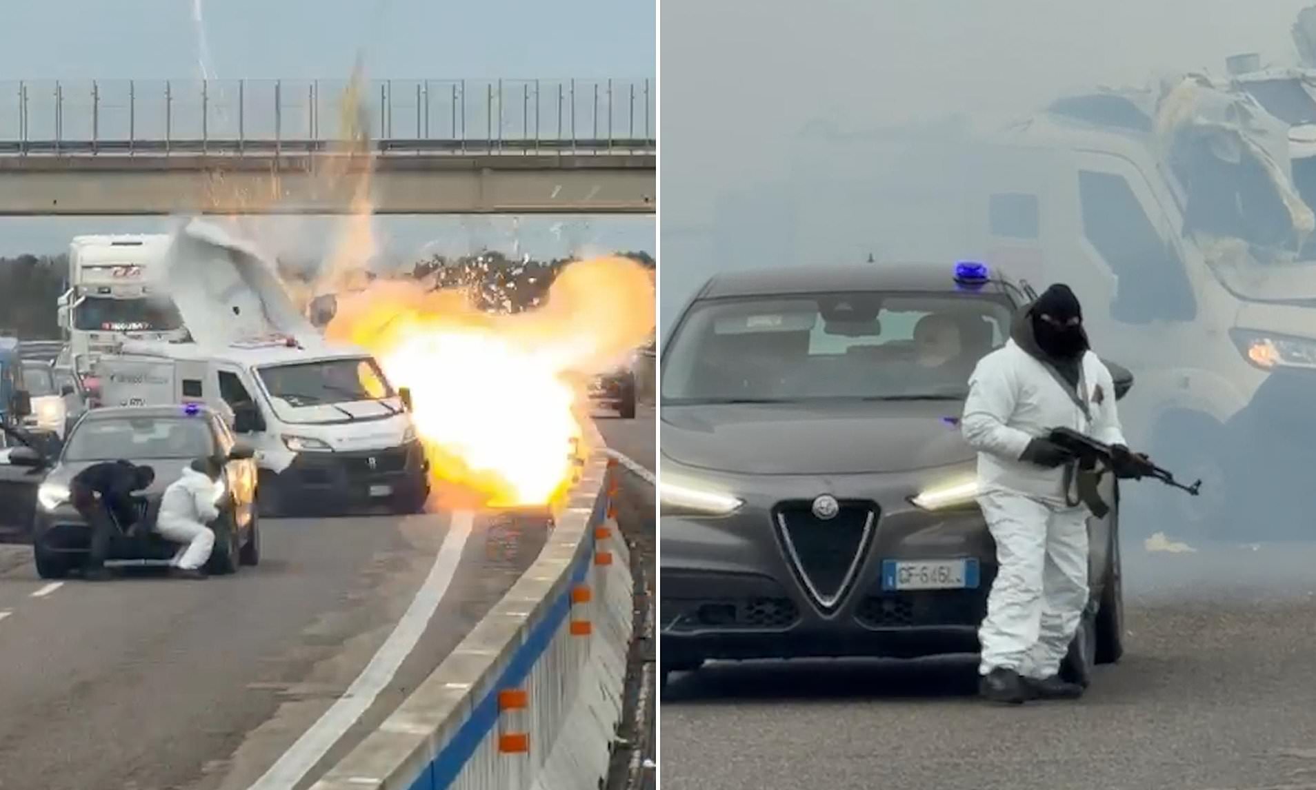 Robbers block Italian highway and blow up security van before firefight ...