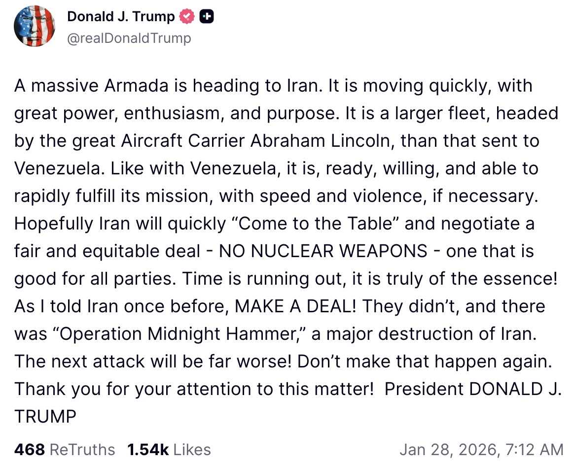 Trump reveals he’s sending ‘massive armada’ to Iran, warns regime ‘next ...