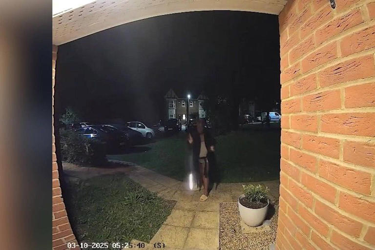 Horror doorbell footage captures ex-nurse in dressing gown flicking lit ...