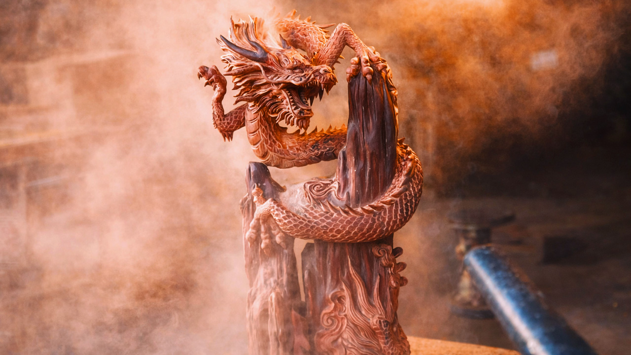 Carving a dragon from a single block of red wood