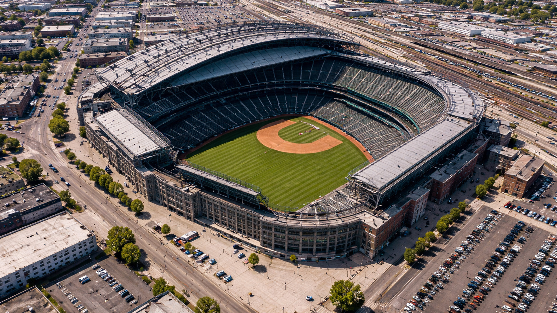 Aerial view of a modern baseball stadium