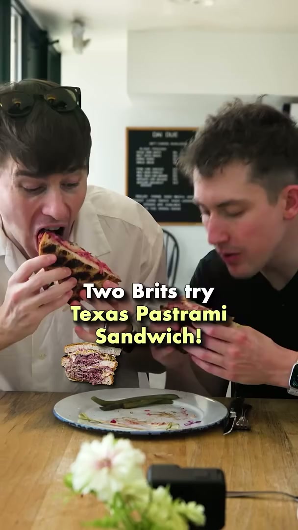 Two Brits can't believe this Texas pastrami sandwich!