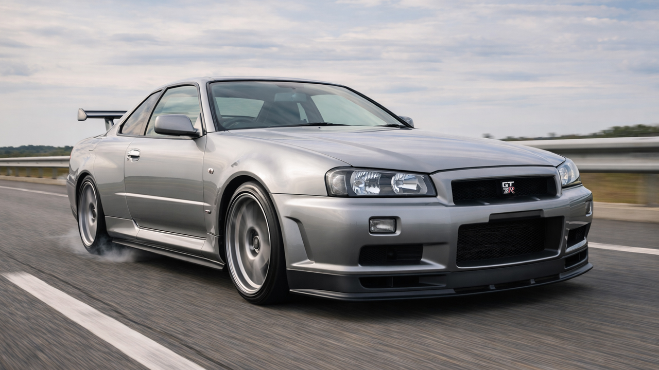 Nissan R34 GTR speeds down German autobahn