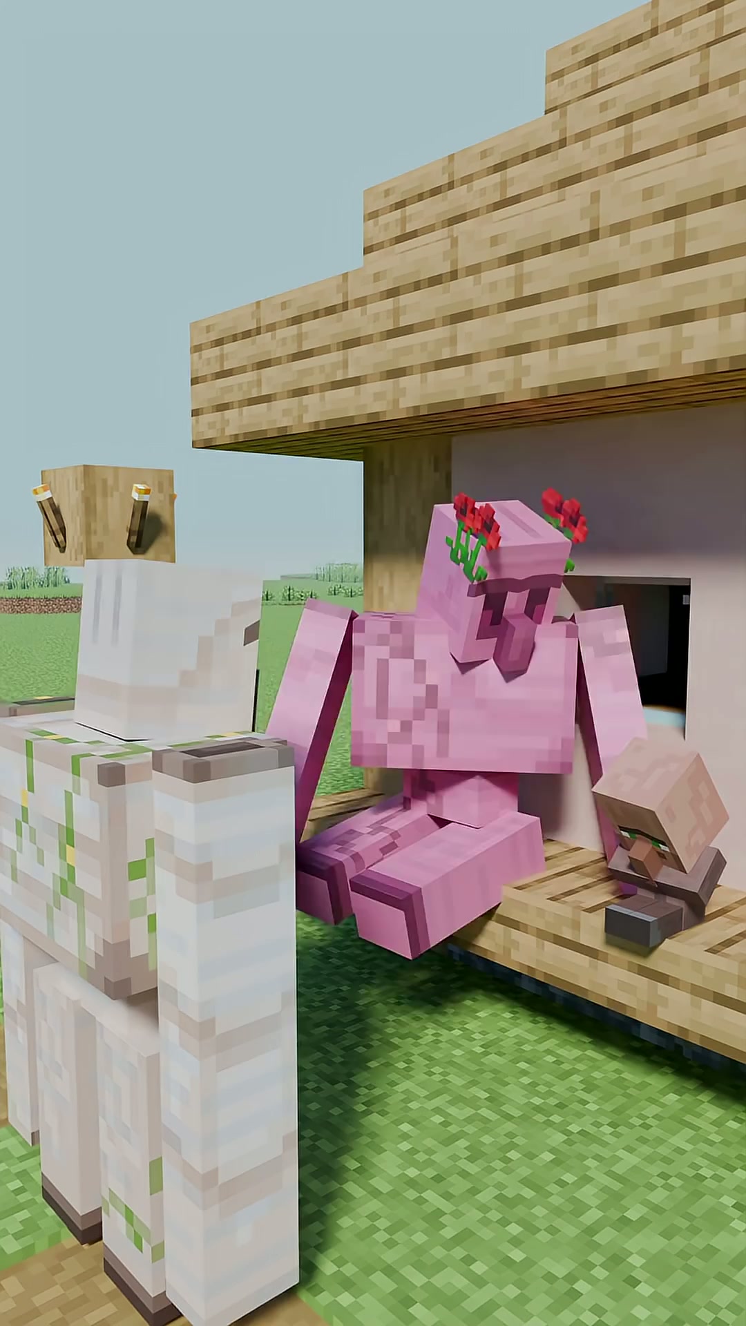 Minecraft evil baby villager with iron golem satisfying 3D simulation