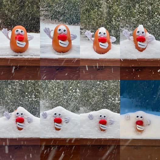 Teacher ditches the ruler and uses Mr. Potato Head to measure the snow