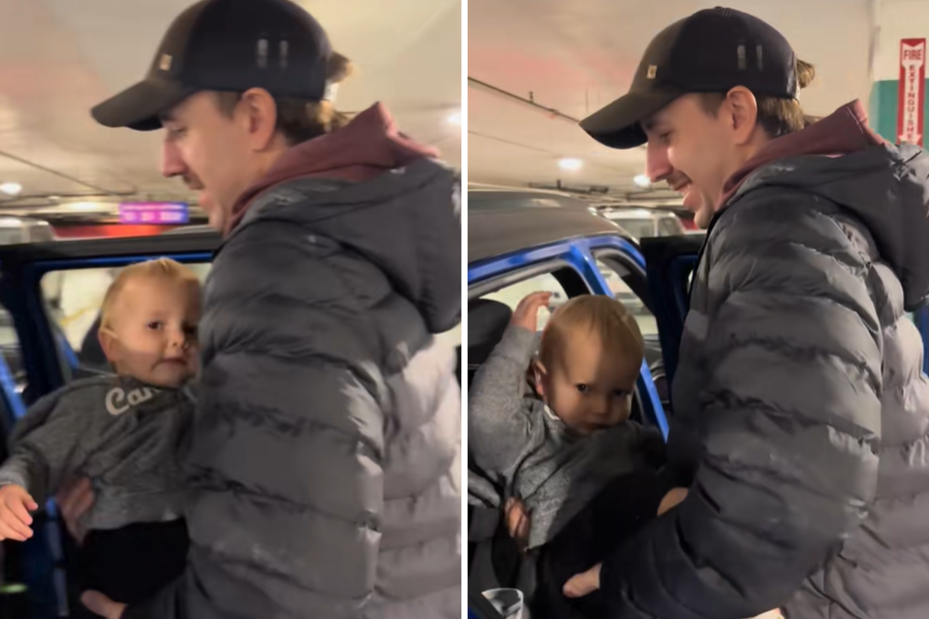 Hysterics at what toddler does when dad puts him in car: "knows a thing"
