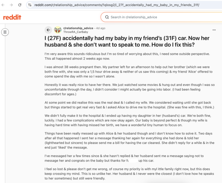 She gave birth in her friend's car, and now her friend won't speak to her