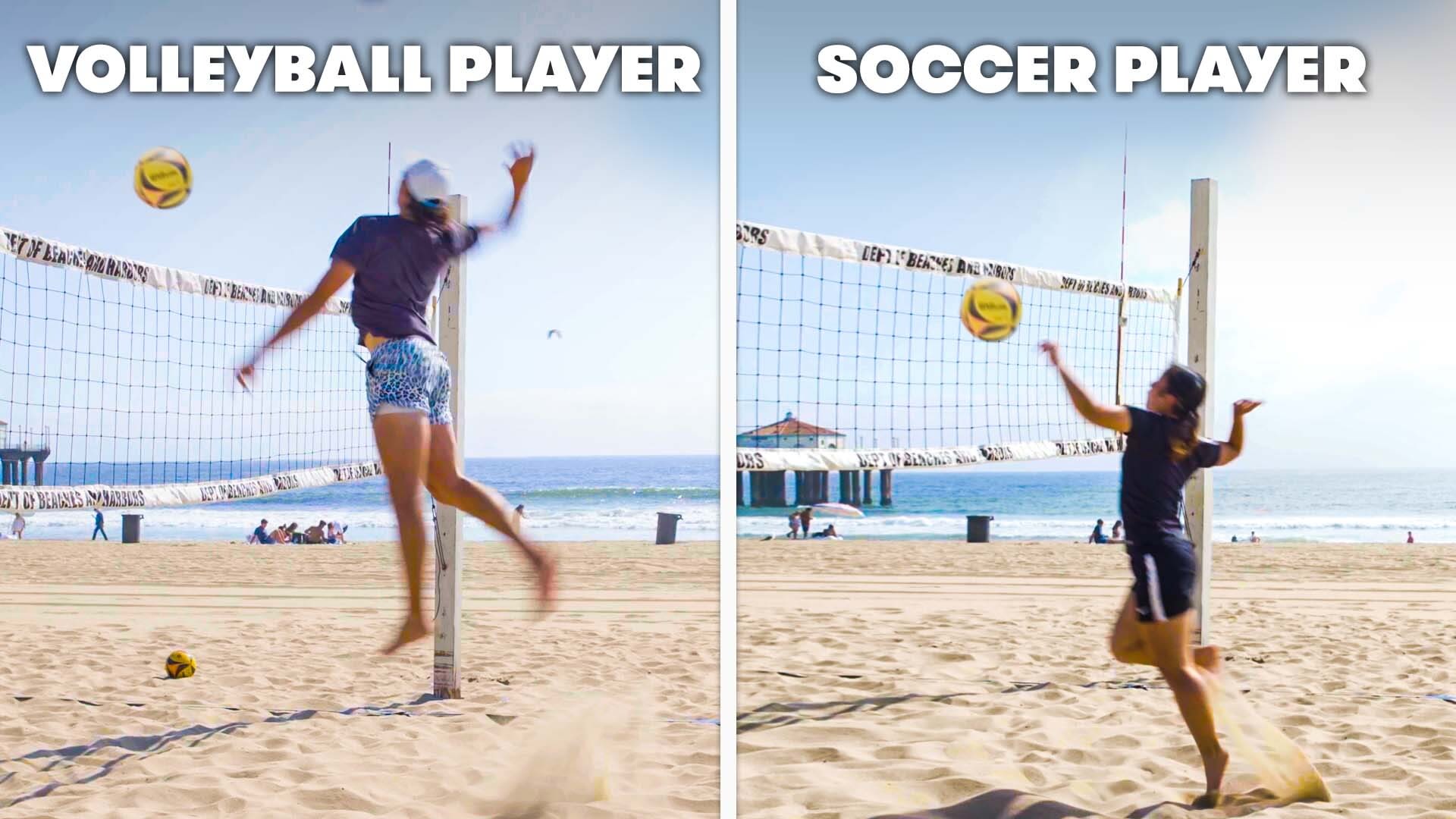 Soccer players try to keep up with beach volleyball pros