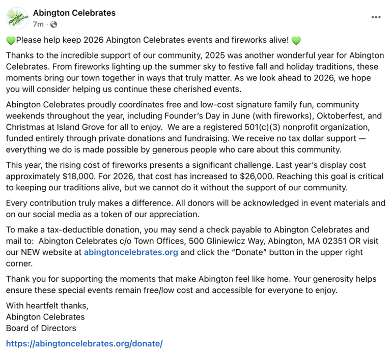 Can Abington keep its fireworks? Nonprofit faces $26,000 fireworks bill ...