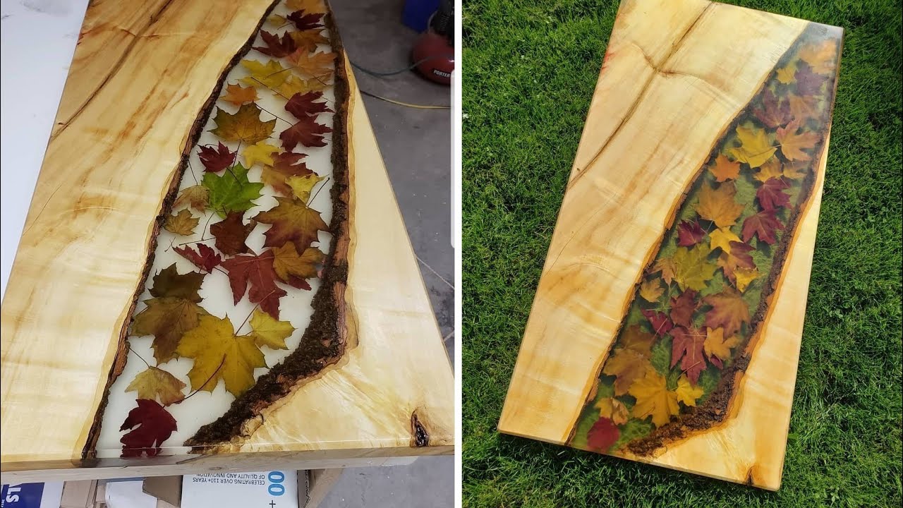 Table made from salvaged live edge slabs, leaves and epoxy resin