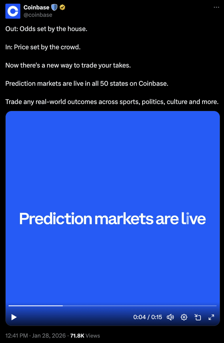 Coinbase launches prediction markets in all 50 US states via Kalshi
