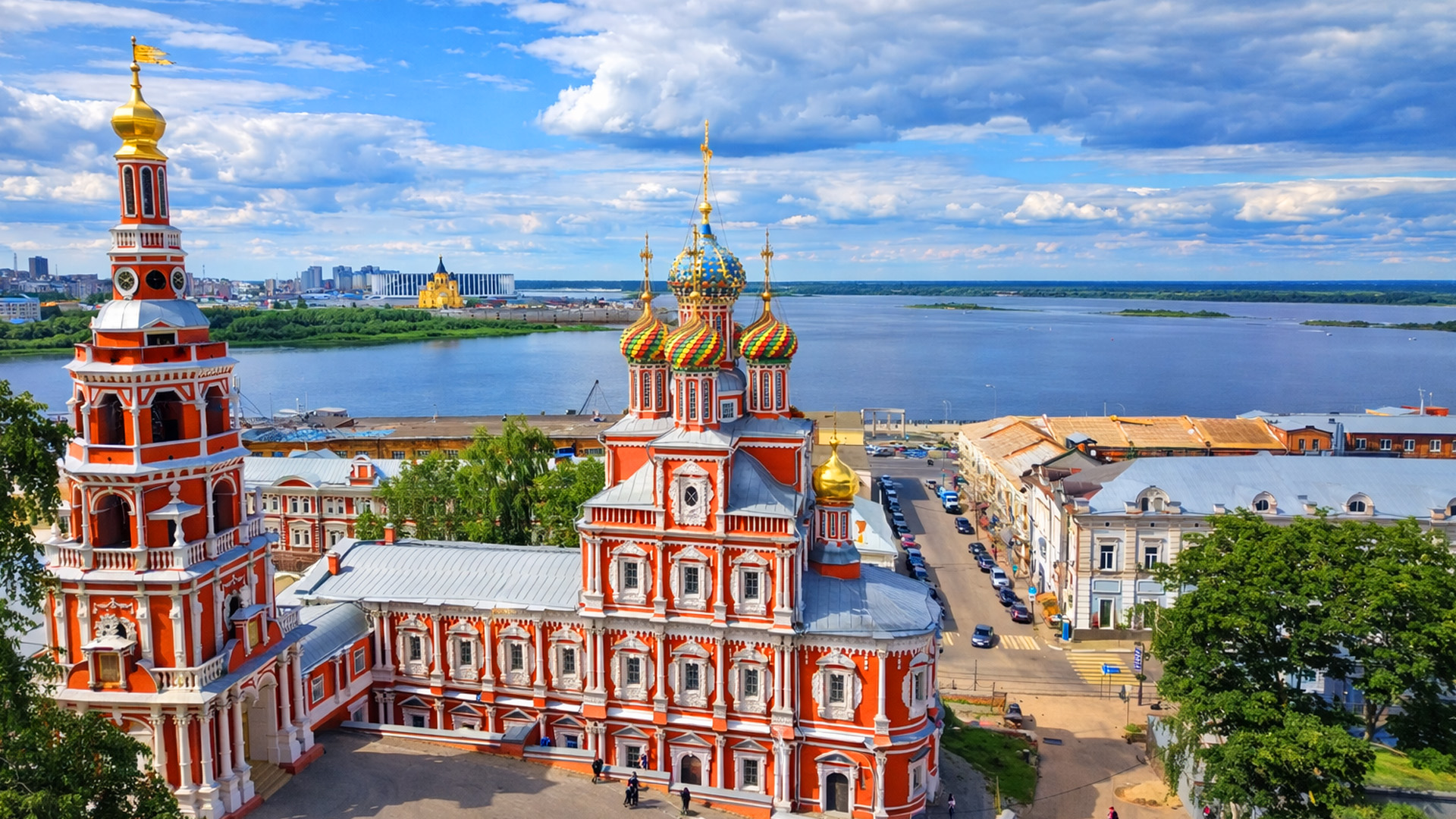 Colorful domes and old town of Nizhny Novgorod from above