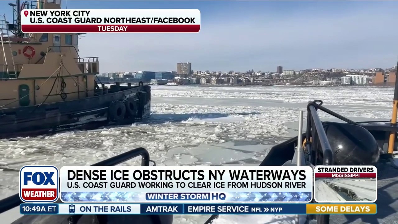 US Coast Guard engaged in icebreaking operation across frozen New York ...