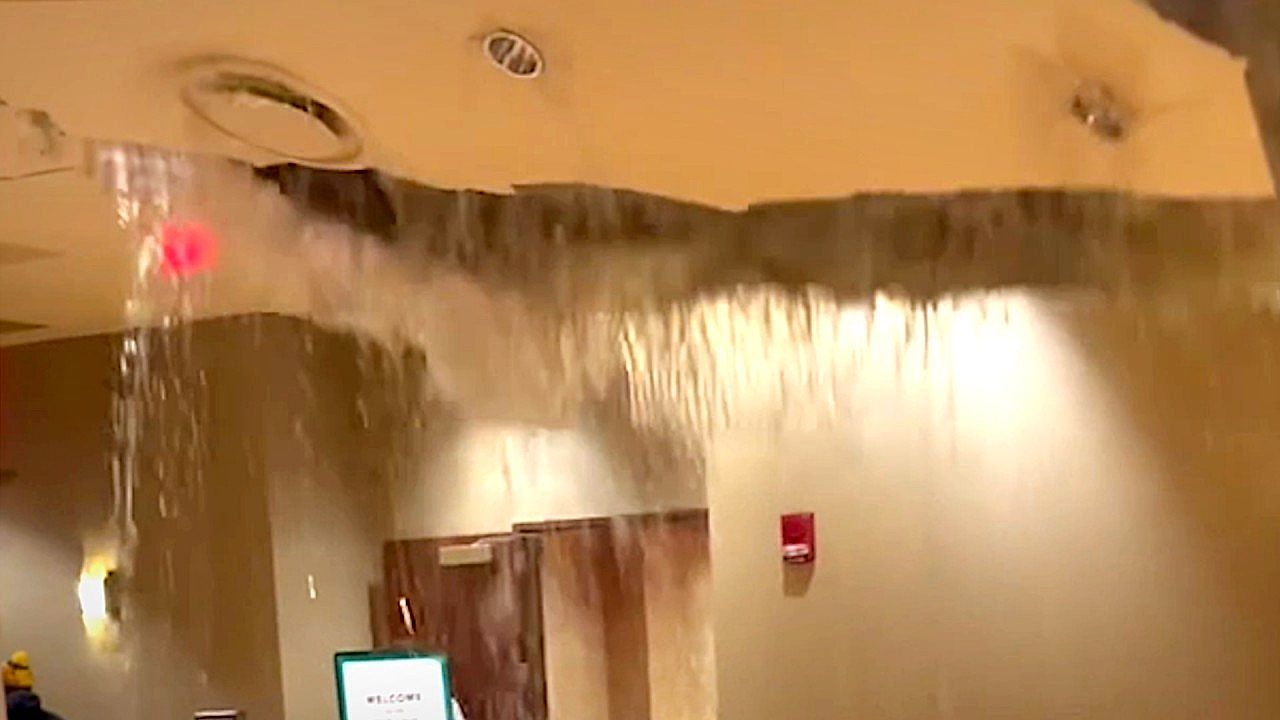 Hotel lobby ceiling emergcy after water floods interior in Oklahoma
