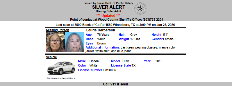 Silver Alert issued for 76-year-old woman last seen in Winnsboro 5 days ago